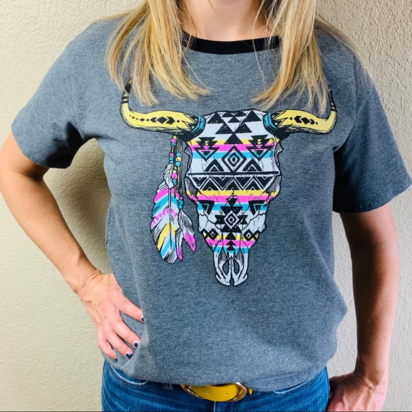 Zutter | Tops | Western Bullhead Graphic Tee In Grey Short Sleeves ...